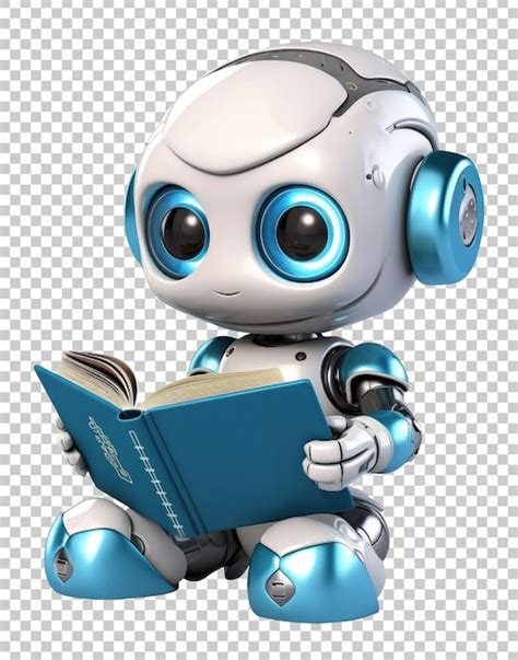 premium psd cute ai robot chatbot reading a book isolated on