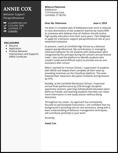 Paraprofessional Cover Letter Sample Teacher Cover Letter Example