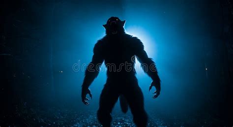 Cinematic Werewolf Transformation Scene In Foggy Forest At Night Stock