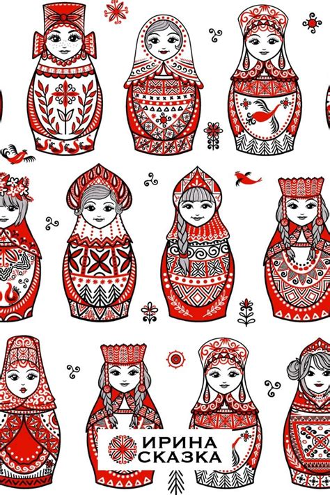 Фольклорный стиль эскиз Русско народные сказки Матрешка вышивка