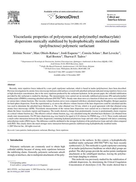 Pdf Viscoelastic Properties Of Polystyrene And Polymethyl Methacrylate Dispersions
