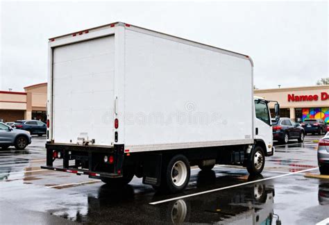 A Large White Box Truck With A Tall Cargo Area Is Parked In A Busy
