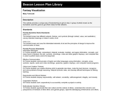 Fantasy Visualization Lesson Plan For 4th 5th Grade Lesson Planet