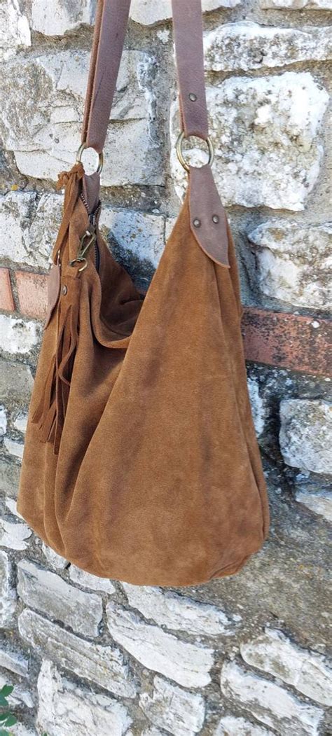 Handmade Tobacco Brown Suede Hobo Bag With Leather Shoulder Etsy