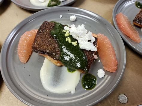 Steelhead Trout Pistachio Pesto Parsnip Puree Food