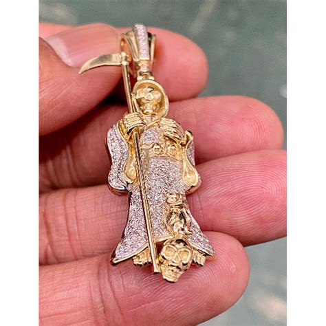 14k Yellow Gold Diamond Santa Muerte Grim Reaper 050ct Diamond Pendant
