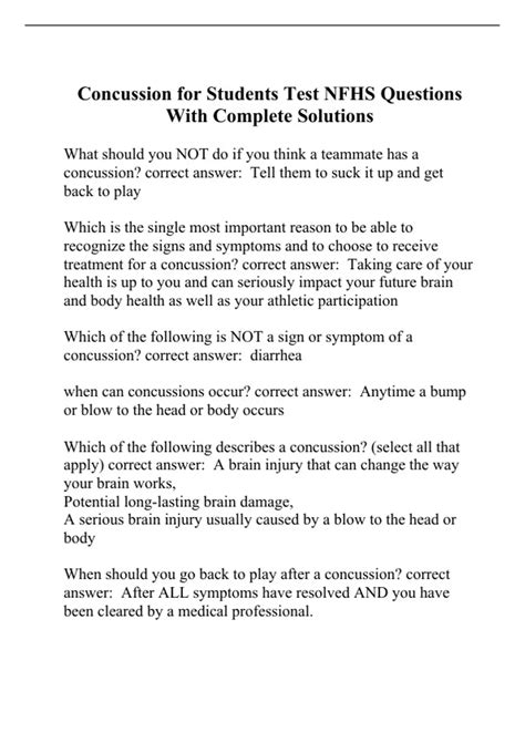 Concussion For Students Test Nfhs Questions With Complete Solutions