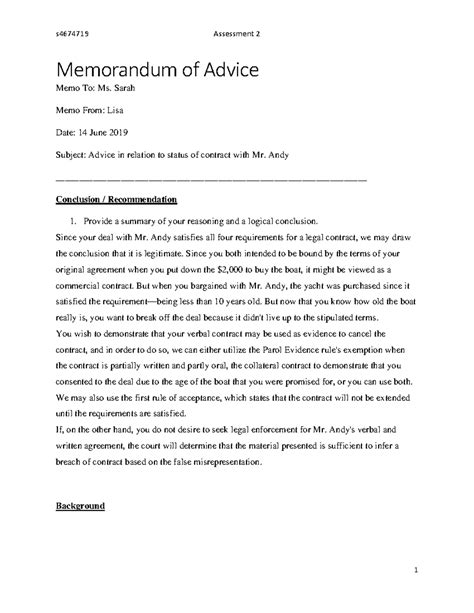 Assesment 2 Legal Problem Solving Memorandum Of Advice Memo To Ms