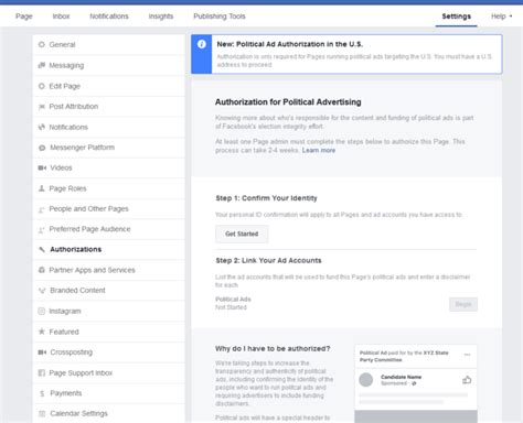 facebook opens authorization tab in page settings for advertisers