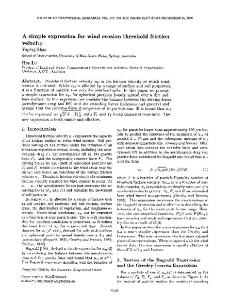 Pdf A Simple Expression For Wind Erosion Threshold Friction Velocity