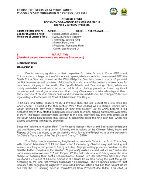 Module 6 Enabling Assessment Answer Sheet13 Module 6 Communication For Various Purposes