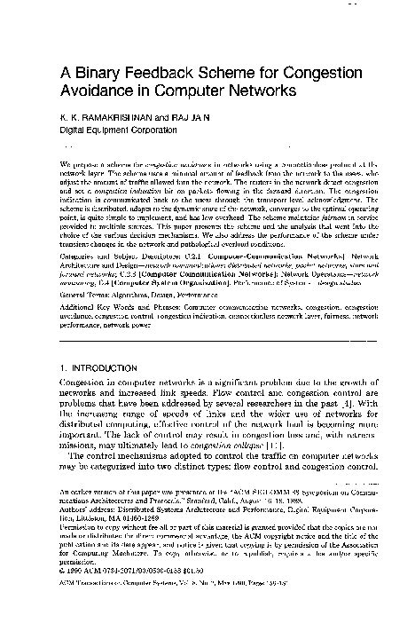 Pdf A Binary Feedback Scheme For Congestion Avoidance In Computer