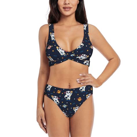 Zeuib Panda Astronaut High Waisted Tummy Control Bikini Set Knot Front Push Up Top And Cheeky