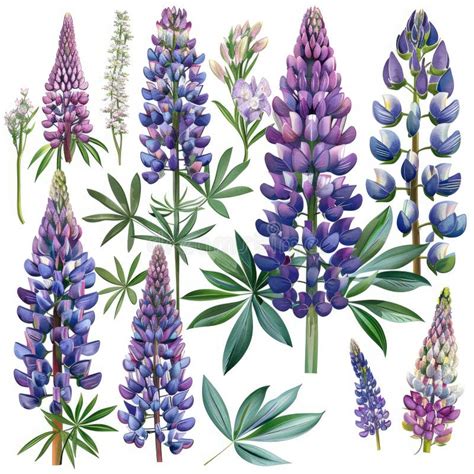 Lupine Flowers Botanical Illustration Set Beautiful Blooming Lupinus