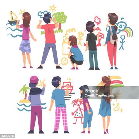 벽에 사진 낙서를 그리는 아이들 화려한 분필 연필과 크레용으로 그림 아이 그리기 백 뷰 만화 스타일 벡터 일러스트 단체에 대한 스톡 벡터 아트 및 기타 이미지 Istock
