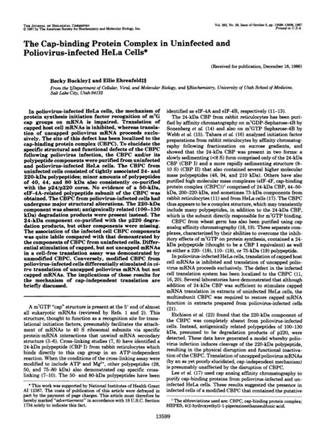 Pdf The Cap Binding Protein Complex In Uninfected And Poliovirus