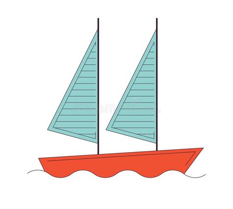 Sailing Sailboat Waves Flat Line Color Isolated Vector Object Stock