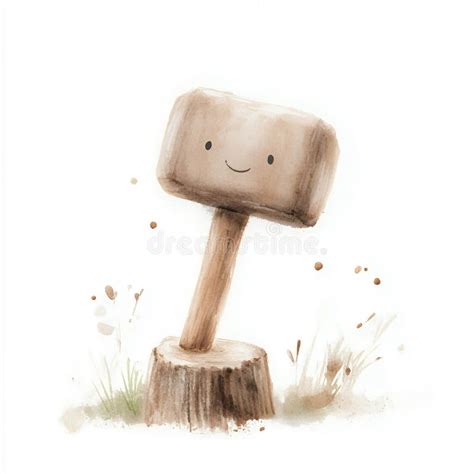 Smiling Wooden Mallet On Tree Stump Watercolor Illustration Stock