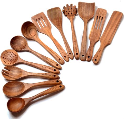 Natural Teak Wooden Spoons 12 Pack Kitchen Utensils Set Wooden