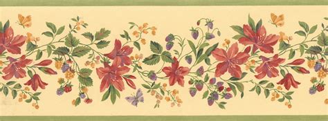 Prepasted Wallpaper Border Floral Mustard Yellow Green Violet Berr