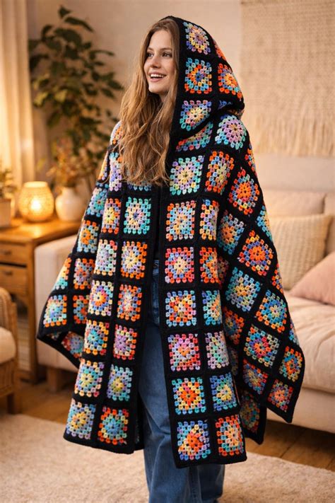 Granny Square Hooded Cloak Crochet Pattern Pdf Hooded Crochet Blanket