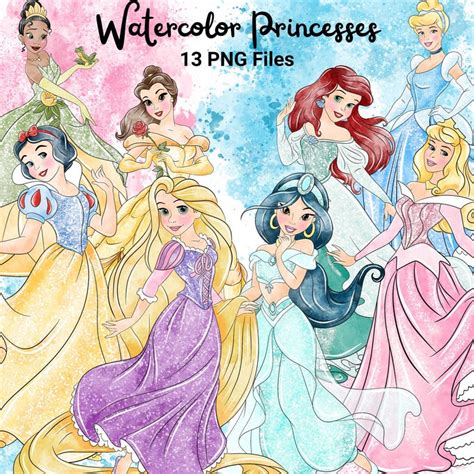 Watercolor Princesses Clipart Bundle Disney Belle Ariel Snow White