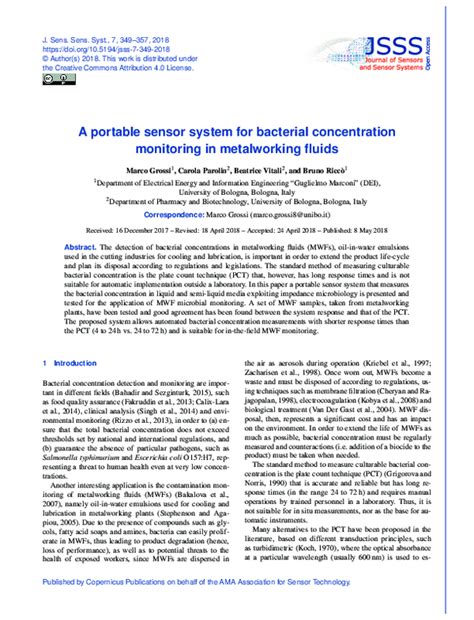 Pdf A Portable Sensor System For Bacterial Concentration Monitoring In Metalworking Fluids