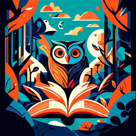 Owl Reading A Book In The Autumn Park Vector Illustration Stock Vector