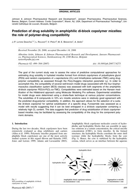Pdf Prediction Of Drug Solubility In Amphiphilic Di Block Copolymer Micelles The Role Of