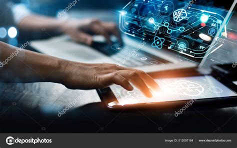 Data Scientists Programmer Using Laptop Tablet Analyzing Development Various Information Stock