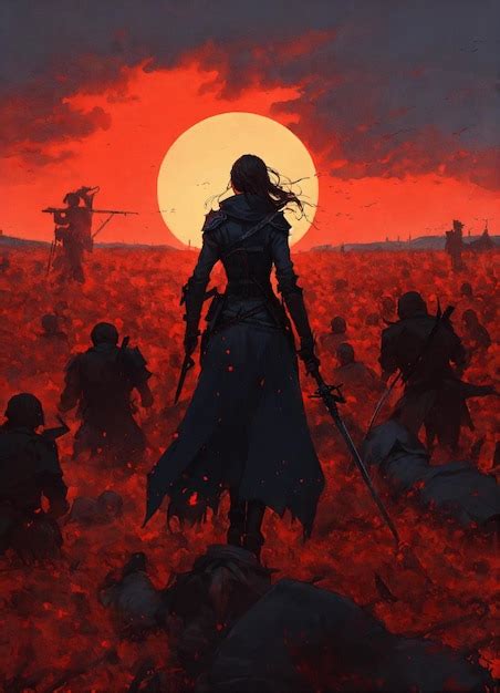 Premium Photo Back View Of An Assassin Woman On A Batte Field Covered By Corpses The Sky Is