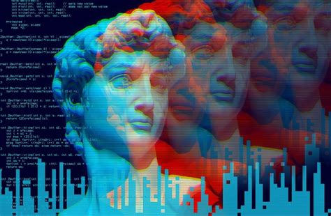 글리치 효과가 있는 골동품 조각의 3d 초상화 사이버펑크 스타일 인공 지능의 개념적 질병 가상 현실 딥 러닝 및 의심 시스템