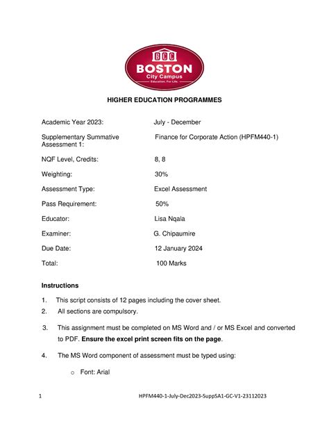 Finance Sa1 Supplementary Assignment Higher Education Programmes Academic Year 20 23 July