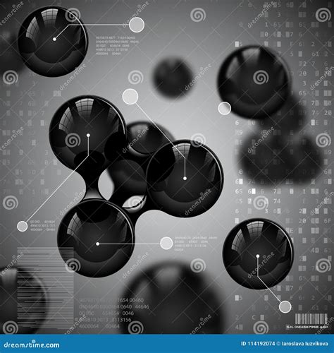 vector abstract black glossy molecules design with binary code and technical data atoms