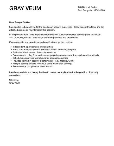 Security Supervisor Cover Letter Velvet Jobs