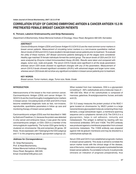 PDF Correlation Study Of Carcino Embryonic Antigen Cancer Antigen In Pretreated Female