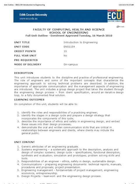 Unit Outline Ens1154 Introduction To Engineering Engineering Design