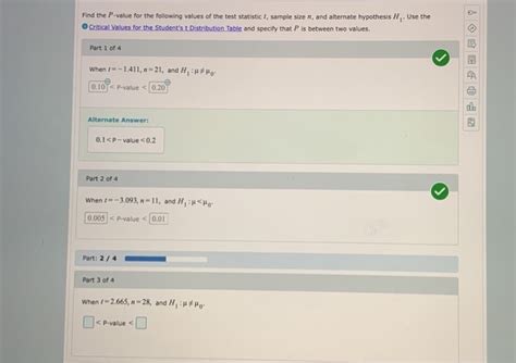 solved find the p value for the following values of the test