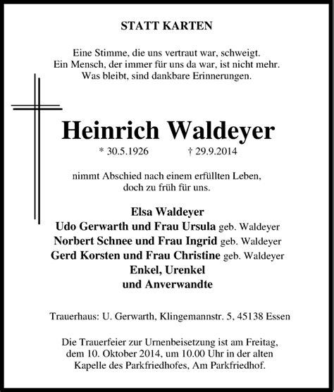 Traueranzeigen Von Heinrich Waldeyer Trauer In Nrw De
