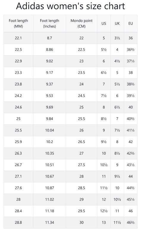 Adidas Shoe Size Chart Uk Free Printable Download