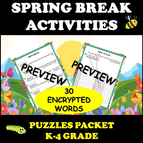 Spring Break Activity Packet Puzzles Maze Cryptogram Missing Vowel