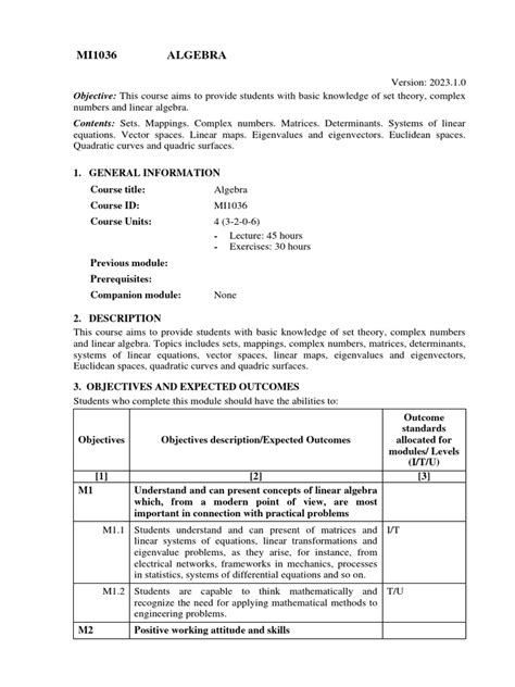 Mi1036 Algebra Syllabus Pdf Matrix Mathematics Eigenvalues And