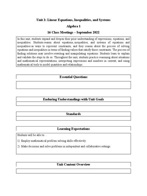 Unit 2 Linear Equations Inequalities And Systems Algebra 1 16 Class Meetings September 2022