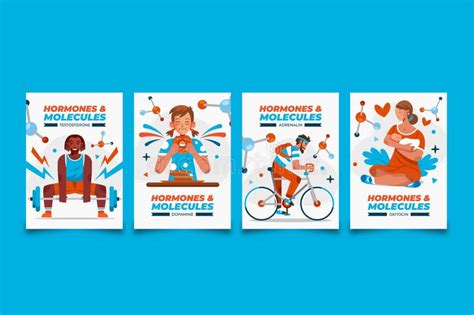 Hormones And Molecules Flat Cartoon Card Set Stock Illustration