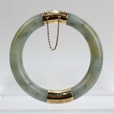 Vintage Jade And 14 Karat Gold Hinged Chinese Bangle Or Bracelet For
