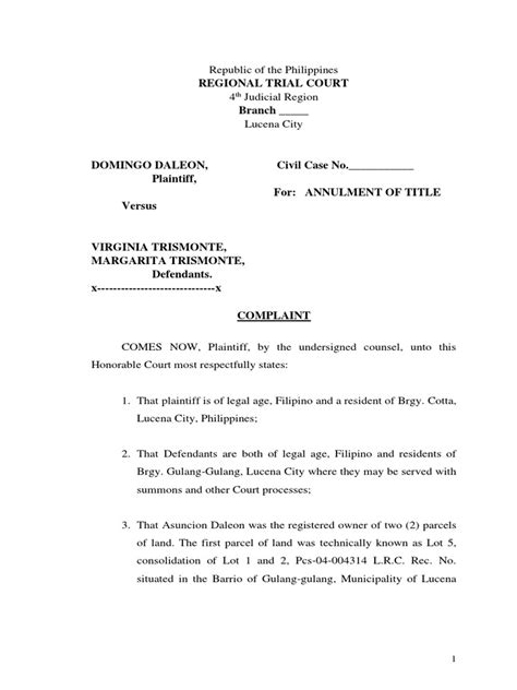 Annulment Of Title Case Over Two Parcels Of Land Pdf Lawsuit Complaint