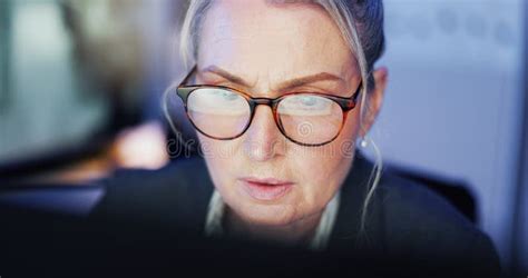 Business Glasses And Woman In Office Reflection And Serious With Coding Software Update And