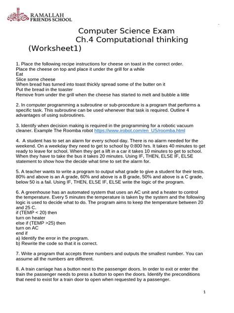 Computational Thinking Worksheet1 Pdf Computing Computer Science
