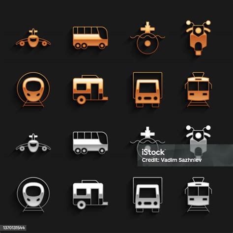 Rv 캠핑 트레일러 스쿠터 트램 및 철도 배달화물 트럭 기차 잠수함 비행기 및 버스 아이콘을 설정합니다 벡터 검은색에 대한 스톡 벡터 아트 및 기타 이미지 Istock
