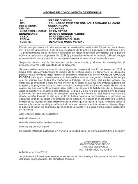 Informe De Conocimiento De Denuncia Pdf Fiscal Violación